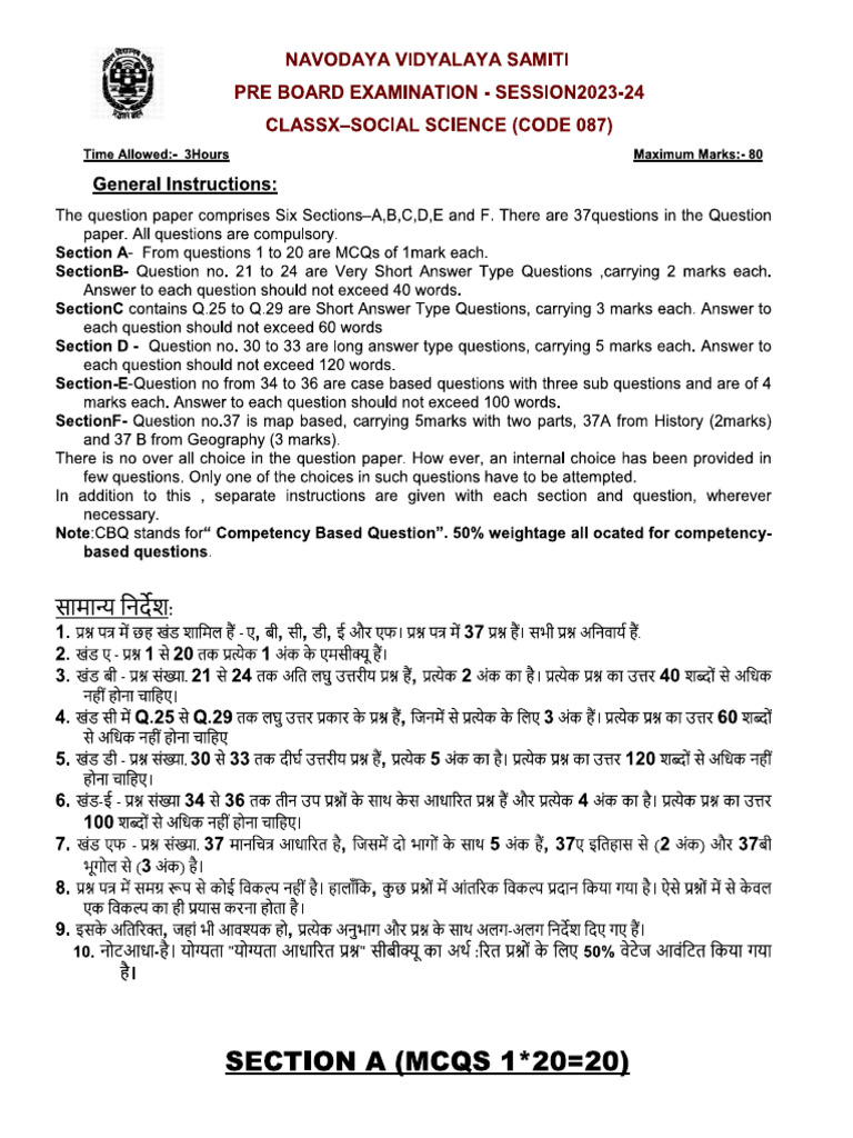 10 Social Science 087pre Board Exam I Nvs 2023 24 - 231214 - 210907 | PDF