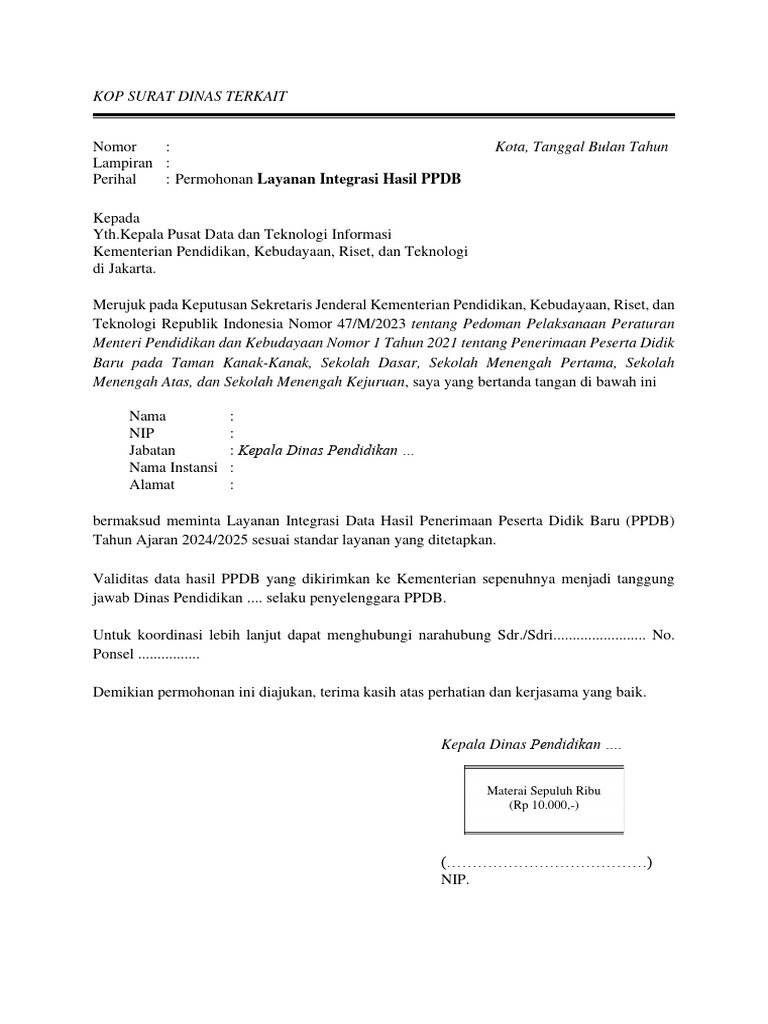 4b. Format Surat Integrasi Hasil PPDB 2024 | PDF