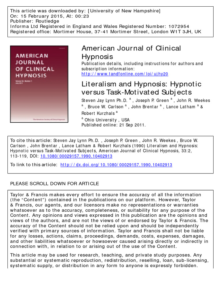 Lynn1990 Literalism and Hypnosis Hypnotic Vers Task Motivated Subjects ...