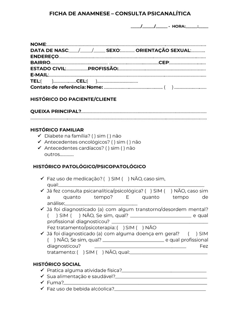 11 Modelo de Ficha de Anamnese - Psicanálise | PDF