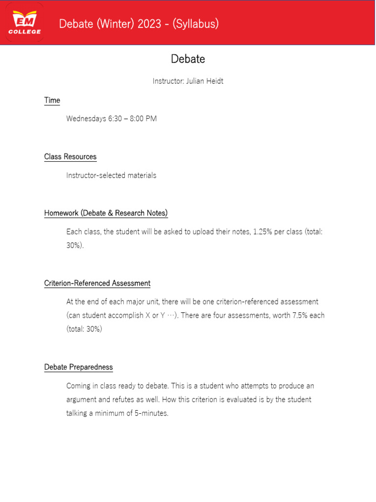 Winter 2023 Debate Course Syllabus | PDF | Critical Thinking | Argument