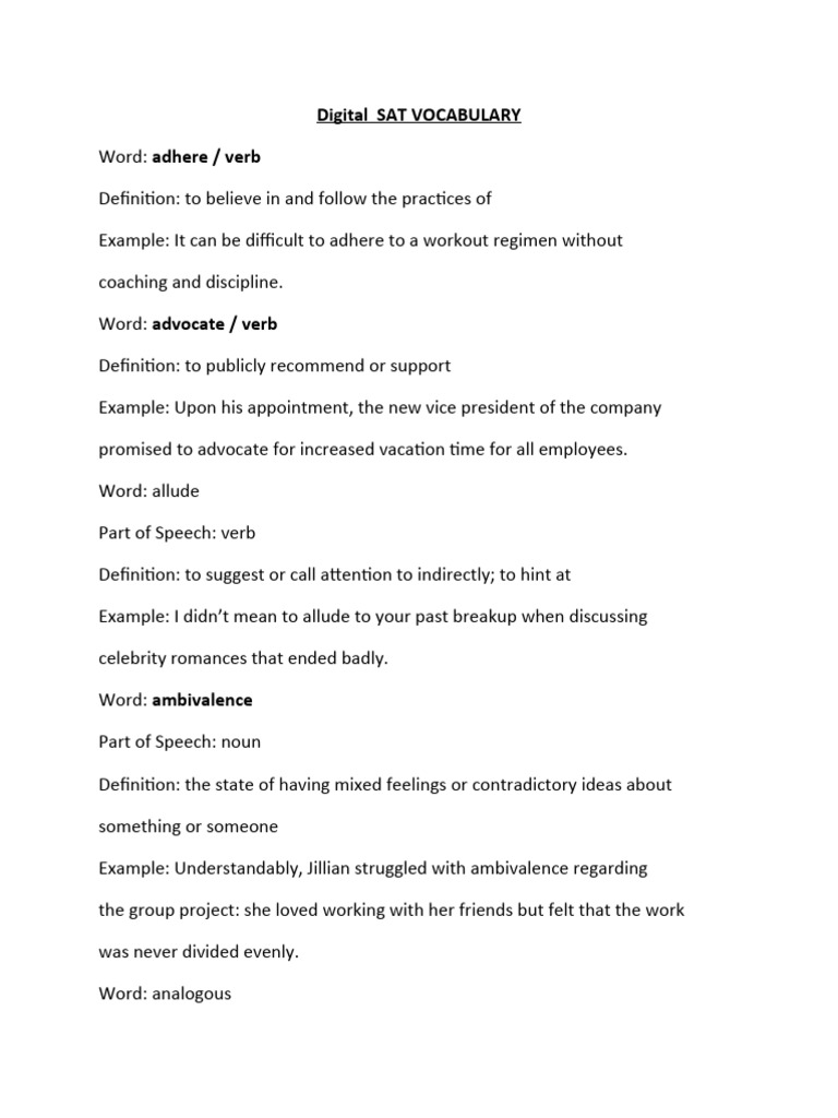 Digital SAT VOCABULARY | PDF | Part Of Speech | Verb
