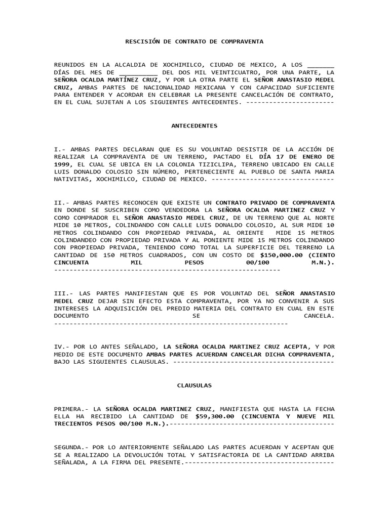 Rescisión de Contrato de Compraventa | PDF