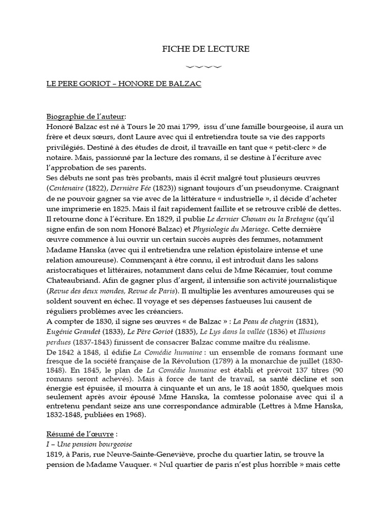 Fiche de Lecture Le Pere Goriot | PDF