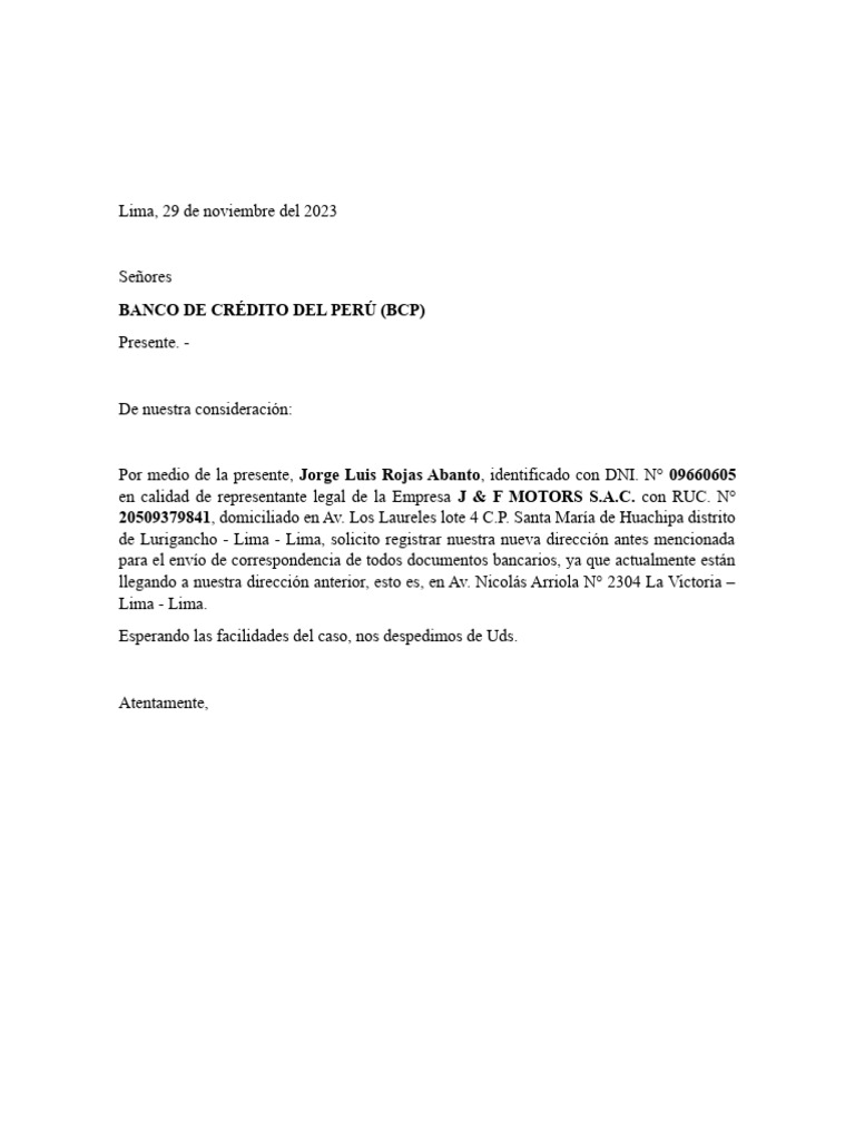 Carta Para Cambio de Domicilio | PDF