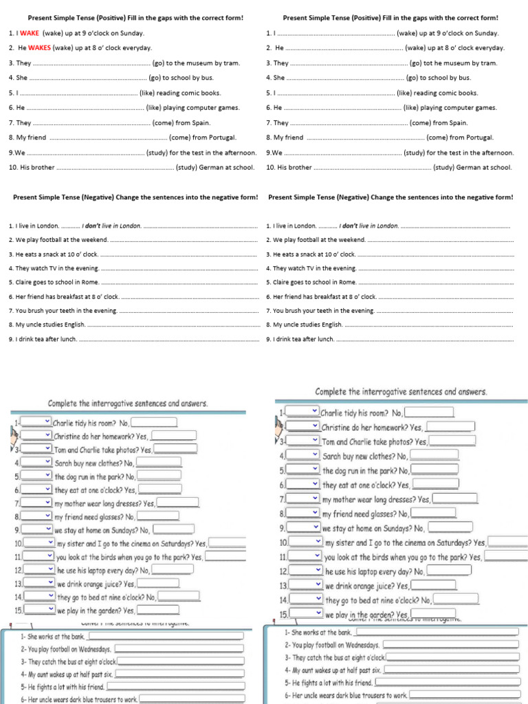 Present Simple Tense Practice Exercises - Positive Negative Questions ...