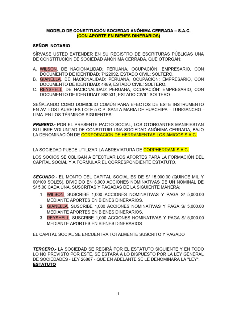 Formato de Minuta SAC Sin Directorio Efectivo | PDF