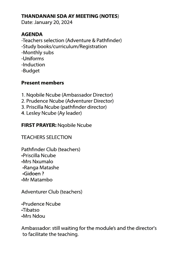 Thandanani SDA Ay Meeting Notes | PDF