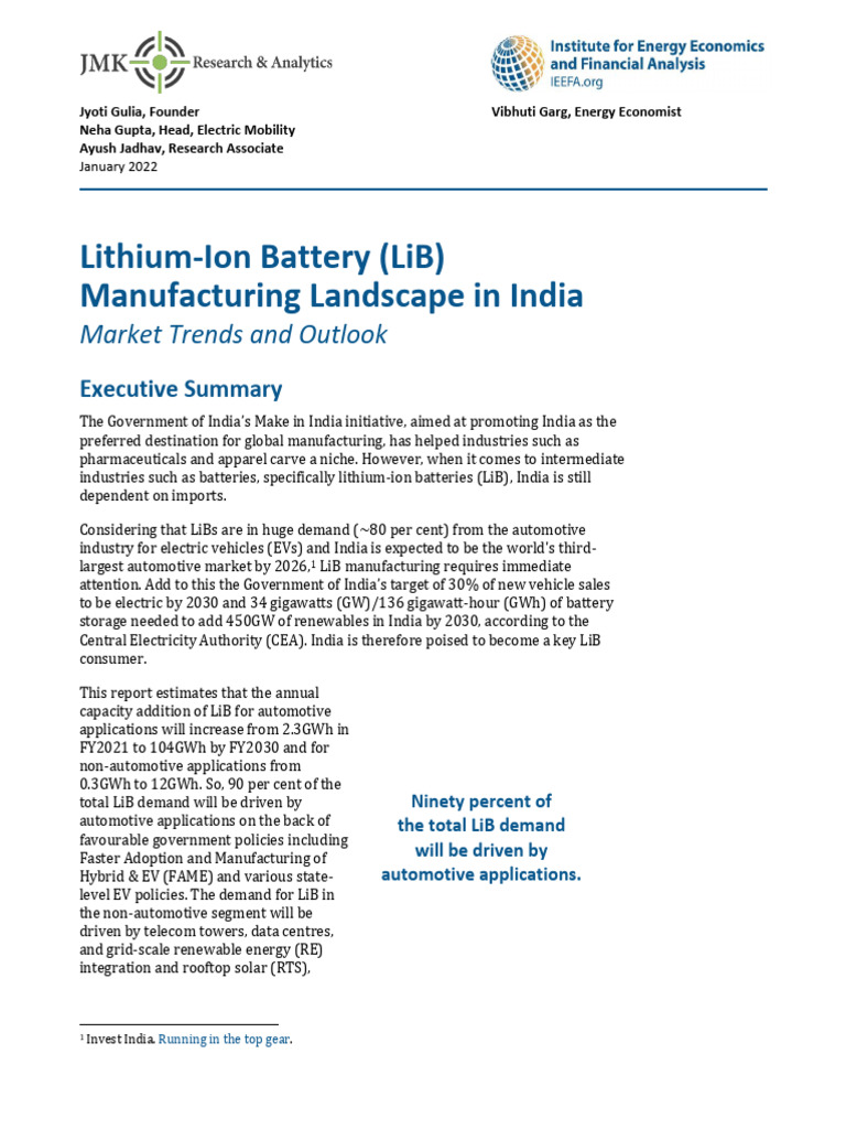 Lithium Ion Battery Manufacturing Landscape in India January 2022 | PDF ...