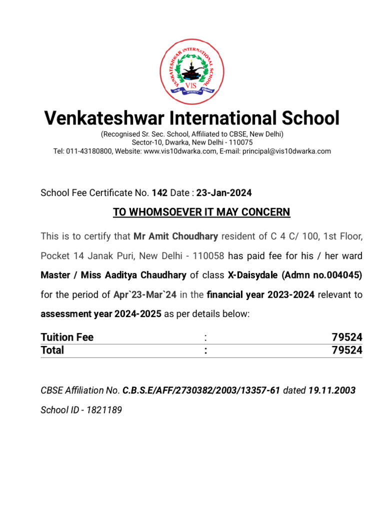 Cloud9 School Fee Certificate 2024 | PDF