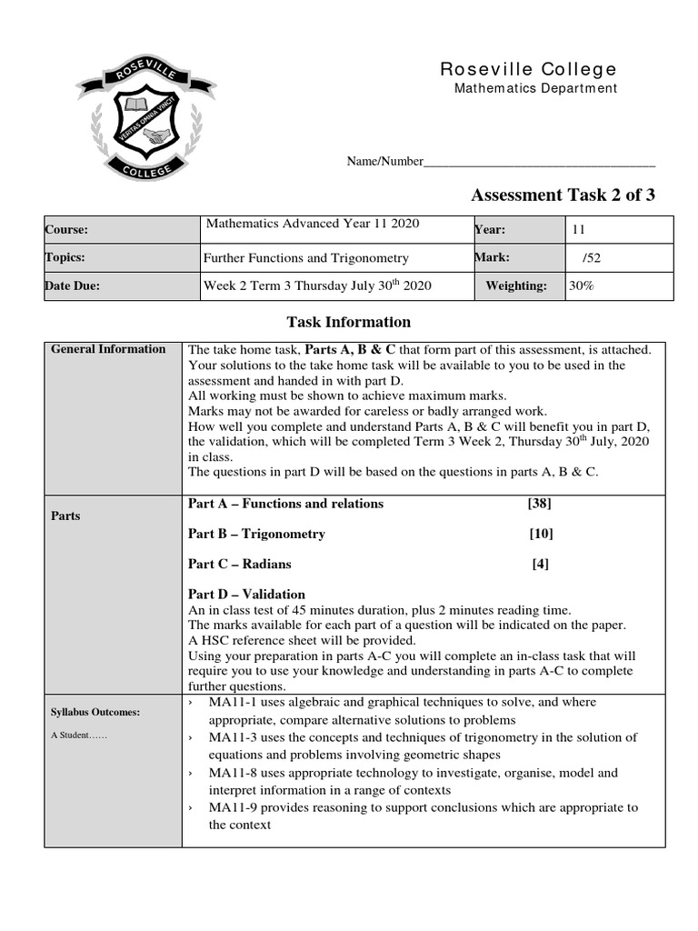 Year 11 Math Assessment: Functions & Trig | PDF | Function (Mathematics ...