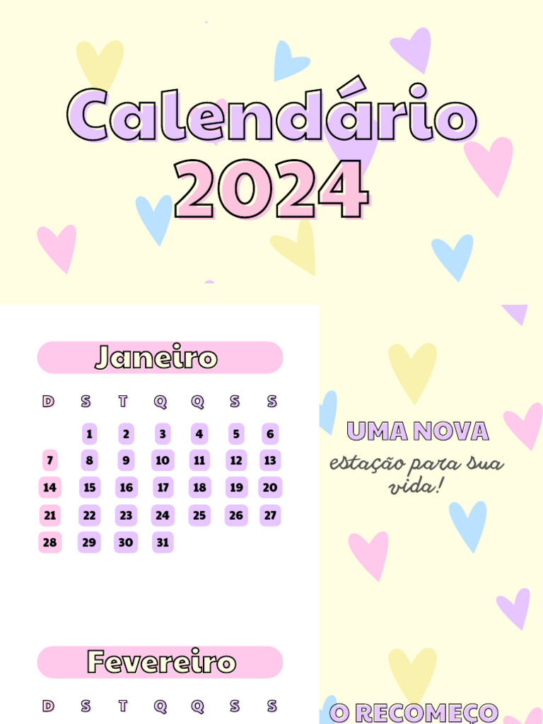 Calendário 2024 para Imprimir Colorido Lilas Rosa Amarelo Pastel | PDF