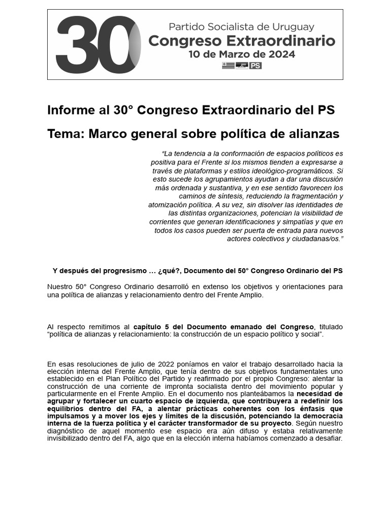 Informe Al 30 Congreso Extraordinario Del PS Tema Marco General Sobre Política de Alianzas Logo ...