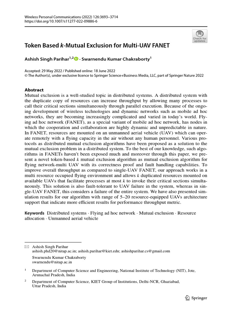Token Based K-Mutual Exclusion For MultiUAV Fanet | PDF | Wireless Ad Hoc Network | Distributed ...