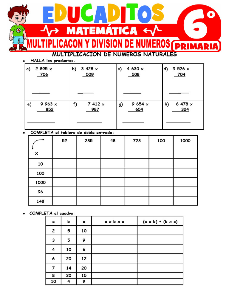 Multiplicacion y Division de Numeros para Sexto Grado de Primaria | PDF
