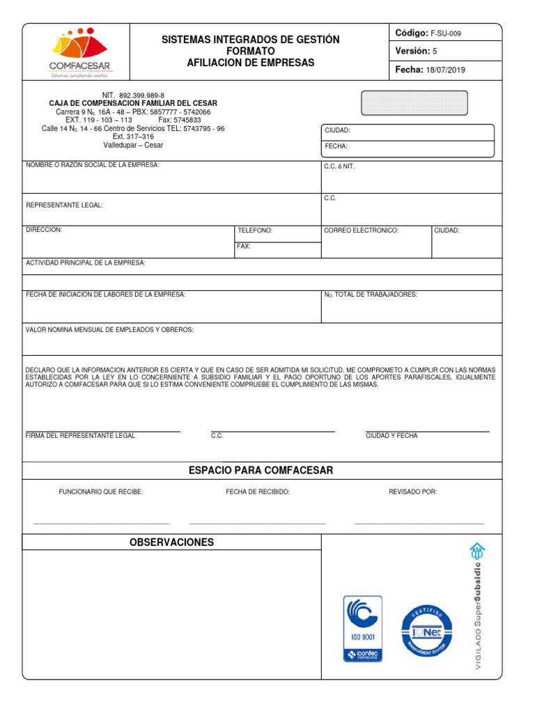 FORMATO DE AFILIACION Comfacesar | PDF