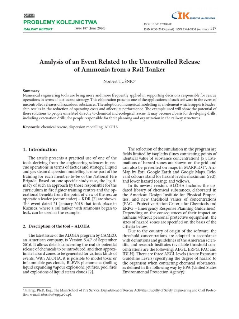 Analysis of An Event Related To The Uncontrolled Release of Ammonia ...