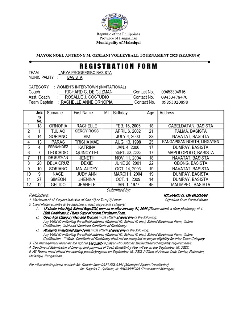 Season 6 Registration Form | Download Free PDF | Government