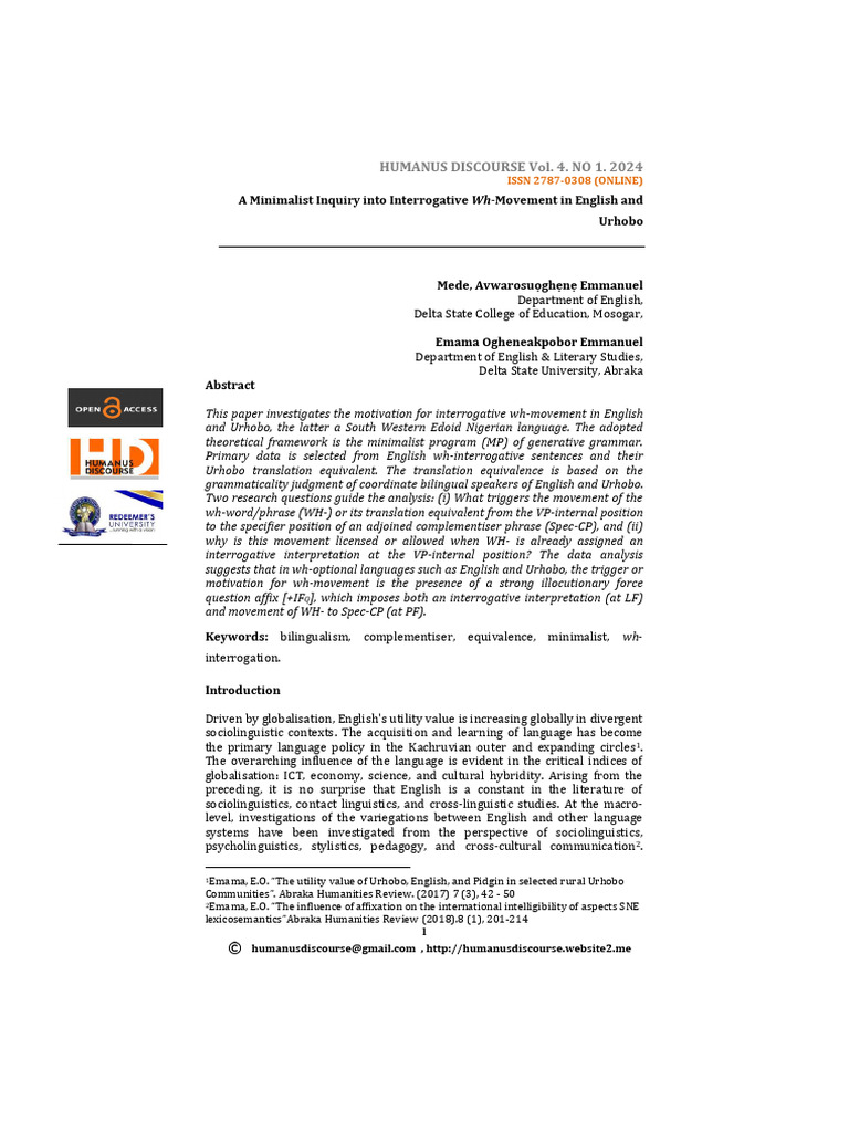 A Minimalist Inquiry Into Interrogative Wh-Movement in English and Urhobo. AMAMA | PDF ...