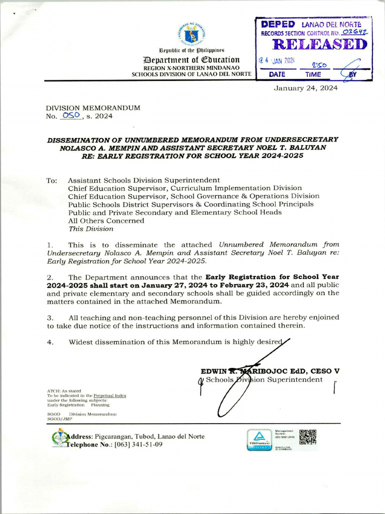 Dissemination of Unnumbered Memorandum From Undersecretary Nolasco A ...