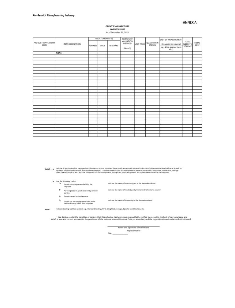 RMC No 8-2023 - Annexes A | Download Free PDF | Inventory | Taxpayer