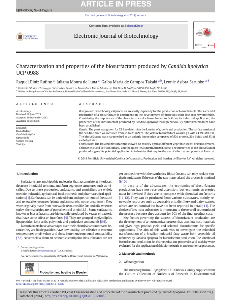 Characterization and Properties of The Biosurfactant Produced by ...