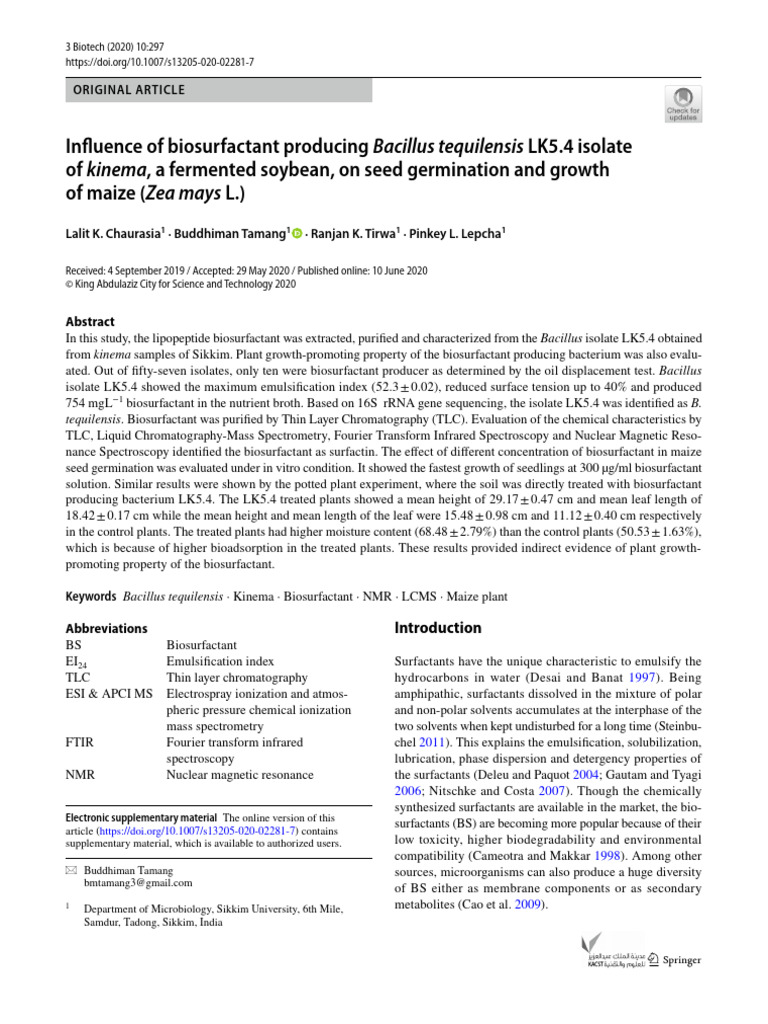 Infuence of Biosurfactant Producing Bacillus Tequilensis LK5.4 Isolate ...