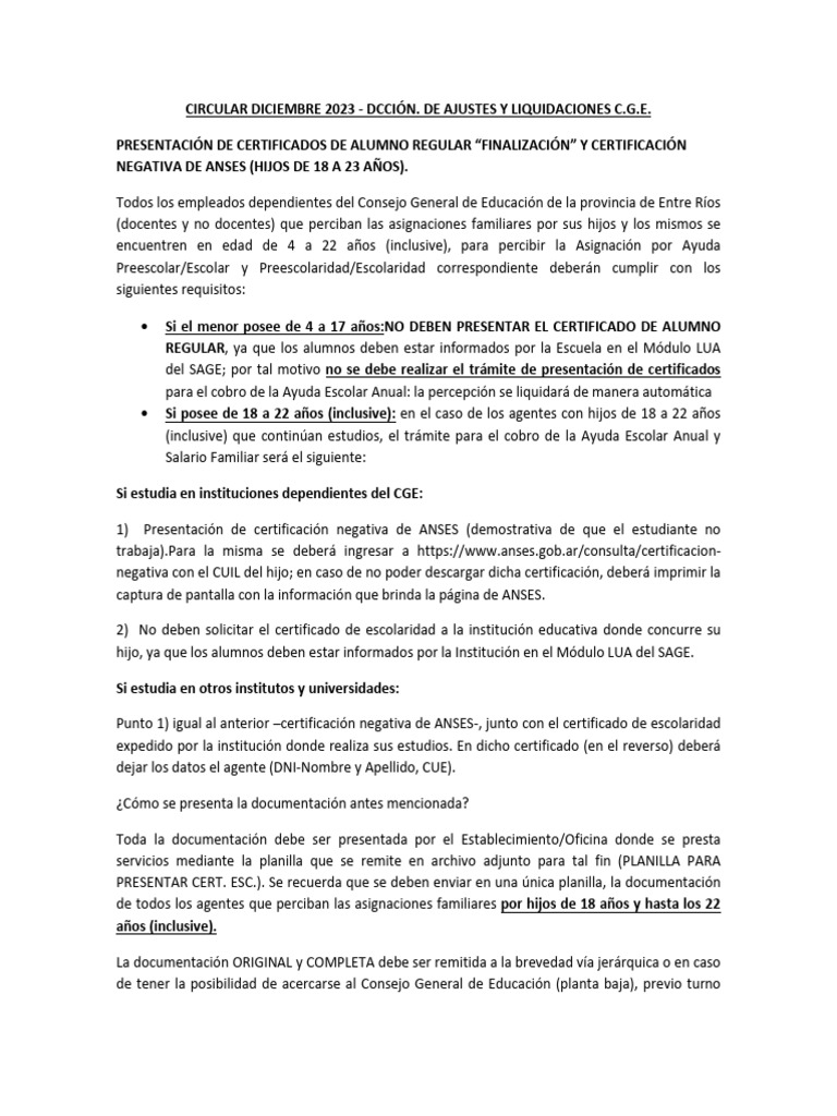 Circular Diciembre 2023 Finalizacion Cert. Esc. | PDF