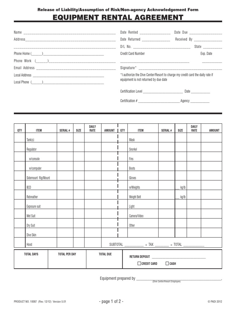 Scuba Equipment Rental Liability Form | PDF | Scuba Diving | Underwater ...