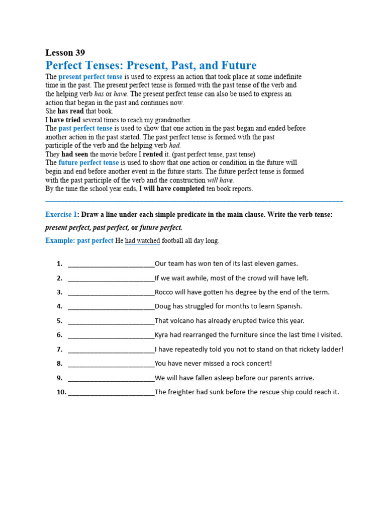 Lesson 39 - Perfect Tenses - Homework 2 | PDF