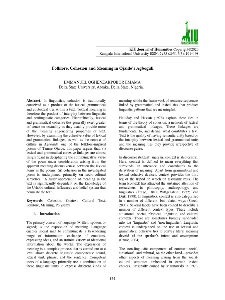 Folklore, Cohesion, and Meaning in Ojaide's Agbogidi | PDF ...