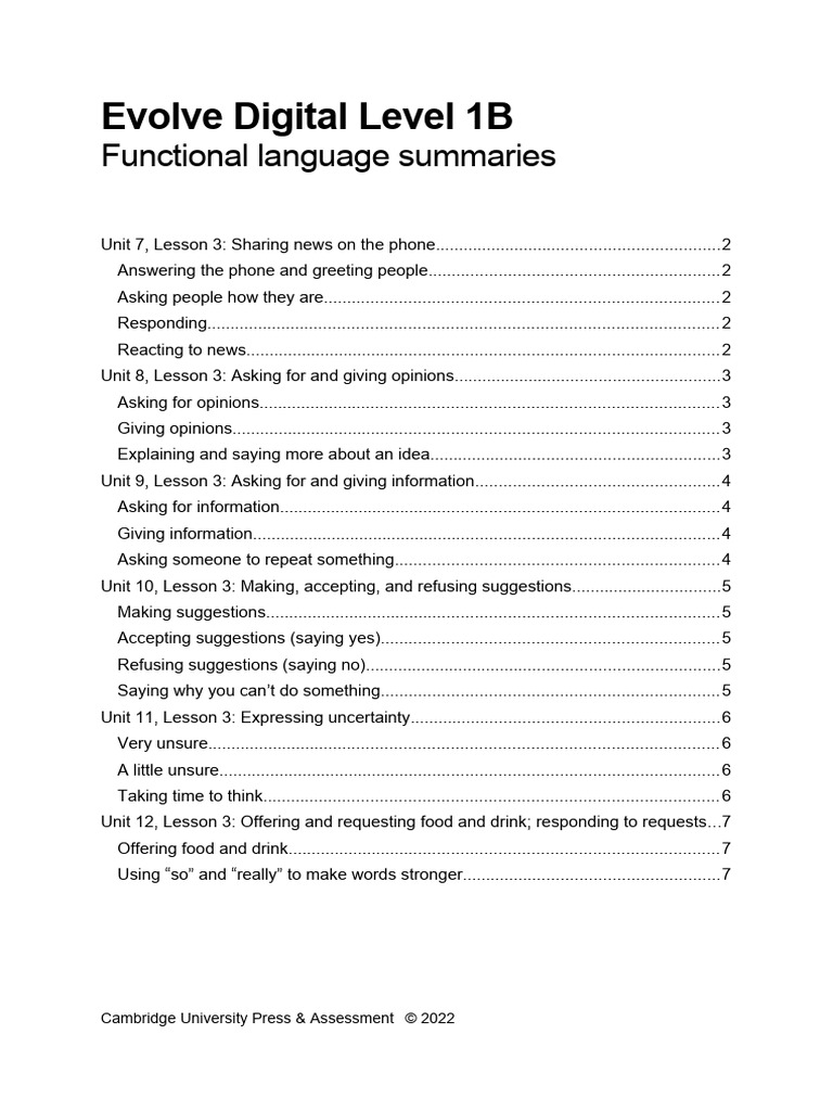 Evolve Digital Level 1B Functional Language Summaries | PDF