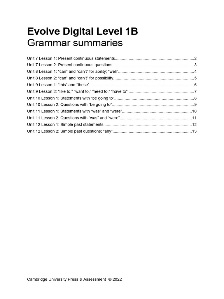 Evolve Digital Level 1B Grammar Summaries | PDF | Question | Consonant