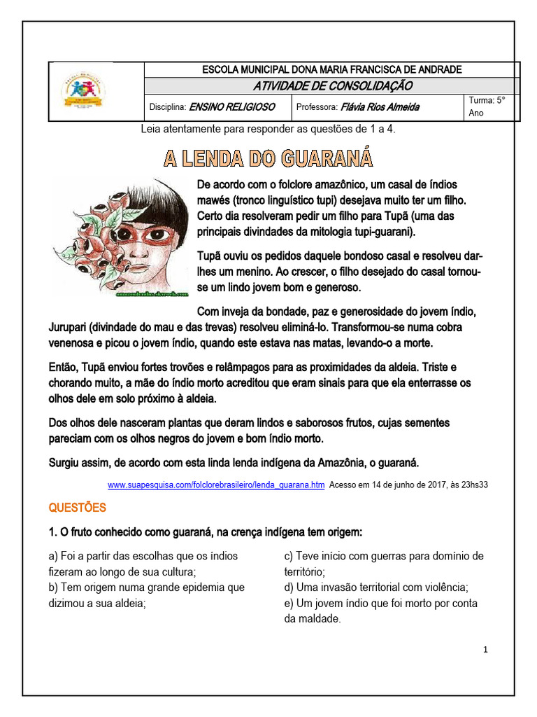 5º Ano - Ef05er01x - Lenda Do Guaraná | PDF