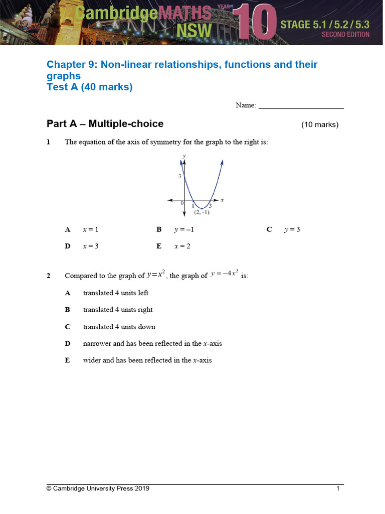 Year 10 Non-linear Functions Test | PDF | Area | Cartesian Coordinate ...