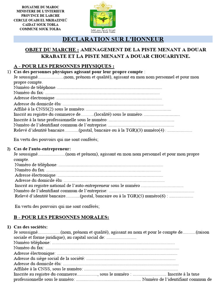 Déclaration d'Honneur Marché Public | PDF