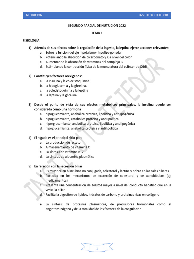 Segundo Parcial Nutri 2022 Tema 1 | PDF