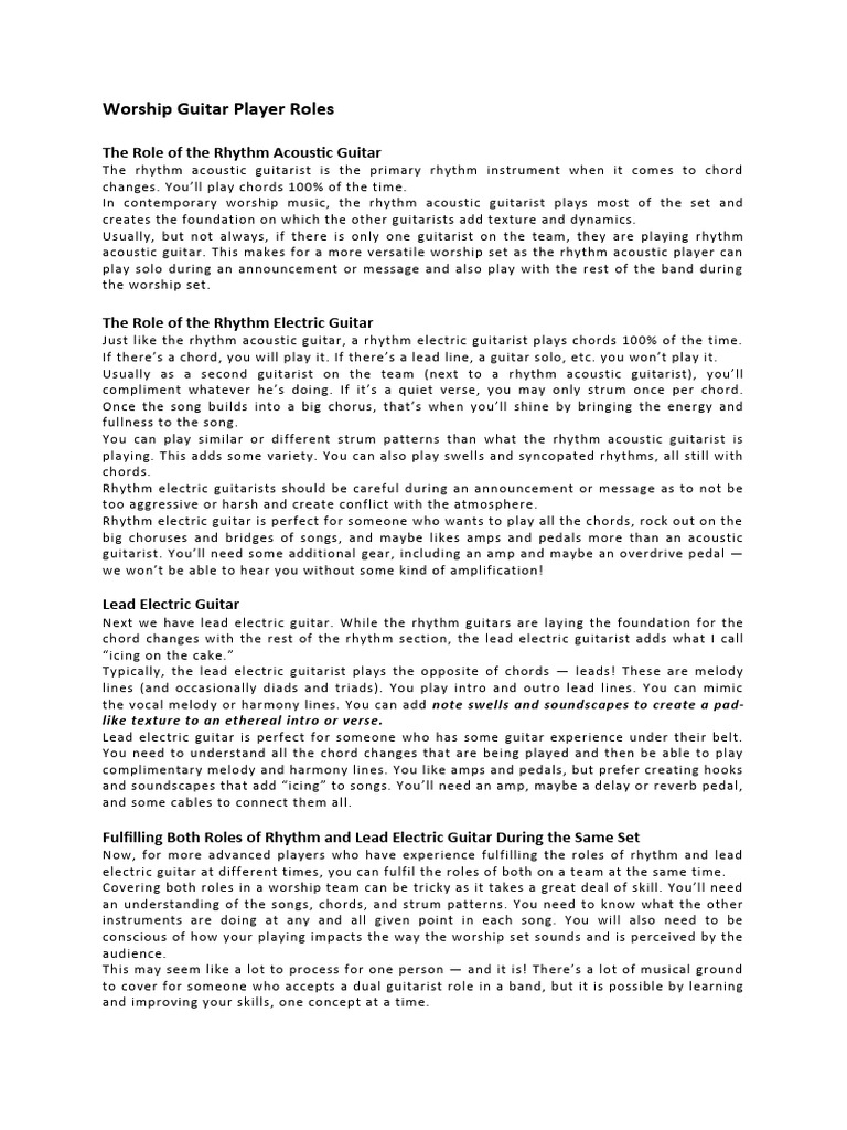 Worship Band Roles | Download Free PDF | Song Structure | Guitars