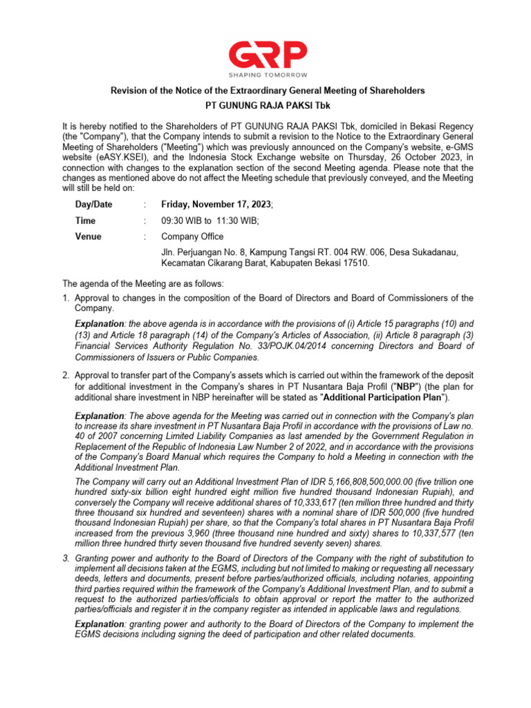Pemanggilan RUPSLB GRP English Final | PDF | Identity Document | Indonesian Rupiah