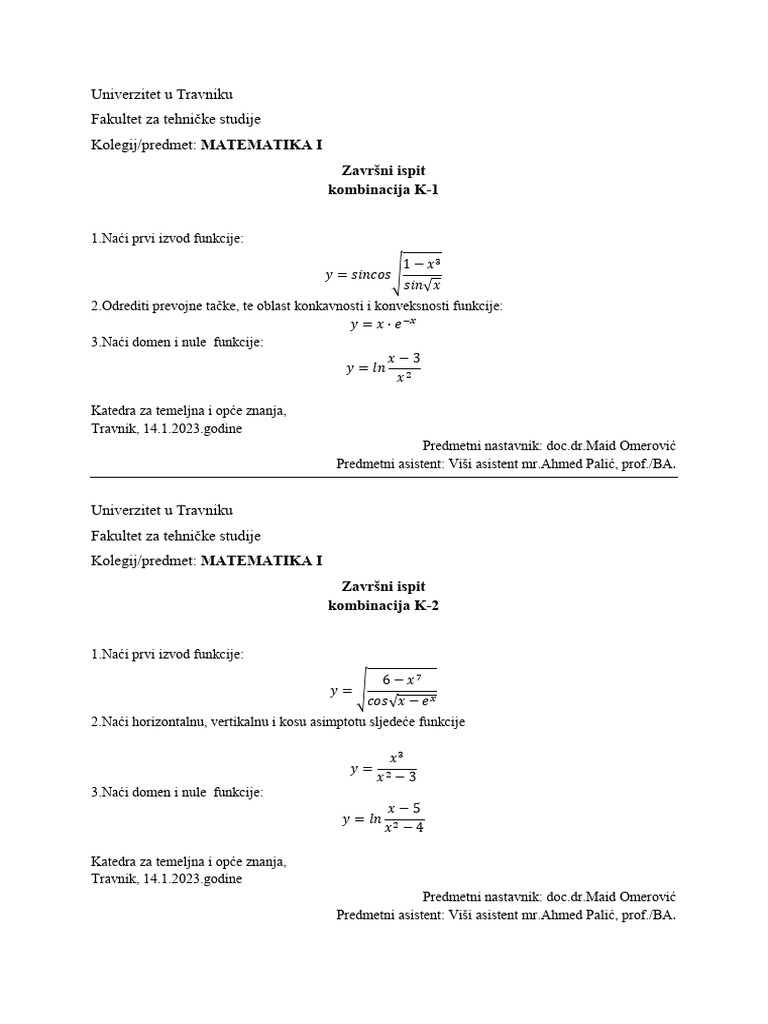 FTS - Primjer Kombinacije Za Ispit Iz Matematike I | PDF