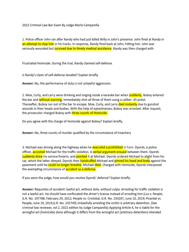 2022 Criminal Law Bar Exam by Judge Marlo Campanilla | PDF | Murder ...