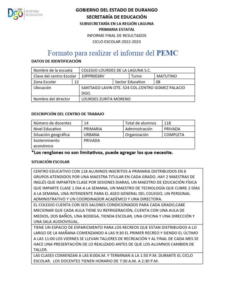 INFORME PEMC 2022 - 2023 Colegio | PDF