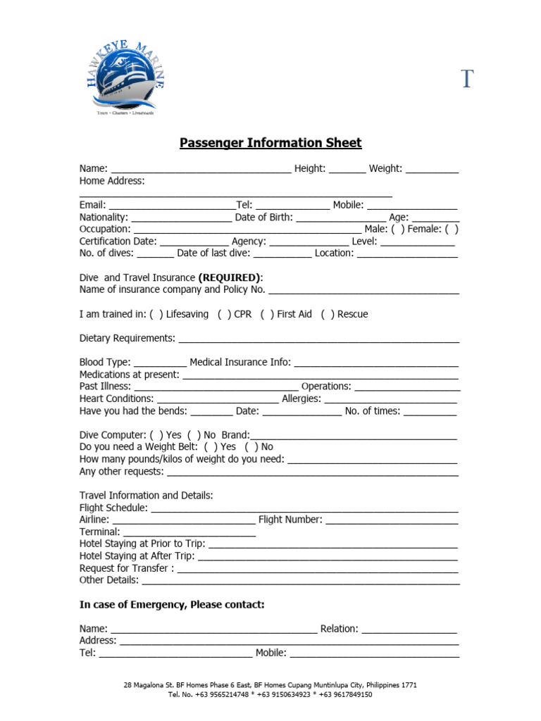 Passenger Information Sheet | PDF | Scuba Diving | Underwater Diving