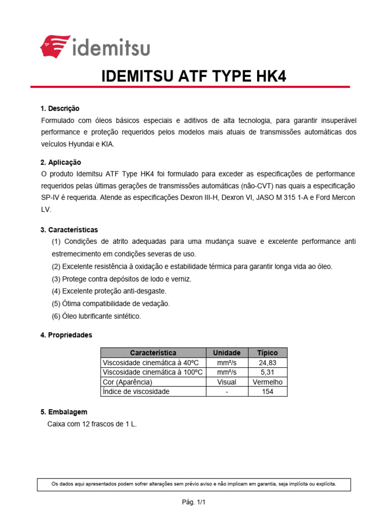 Idemitsu ATF Type HK4 (PT) | PDF