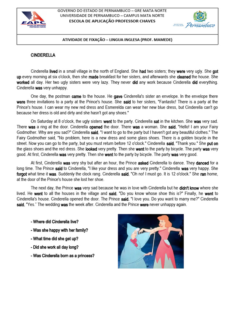 SIMPLE PAST - Cinderella Text Interpretation | PDF | Cinderella | Fairies