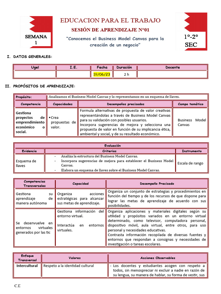 1°-2° - Sesión de Aprendizaje Sesión 1-Sem.1-Exp.4-Educacion para El Trabajo | Descargar gratis ...