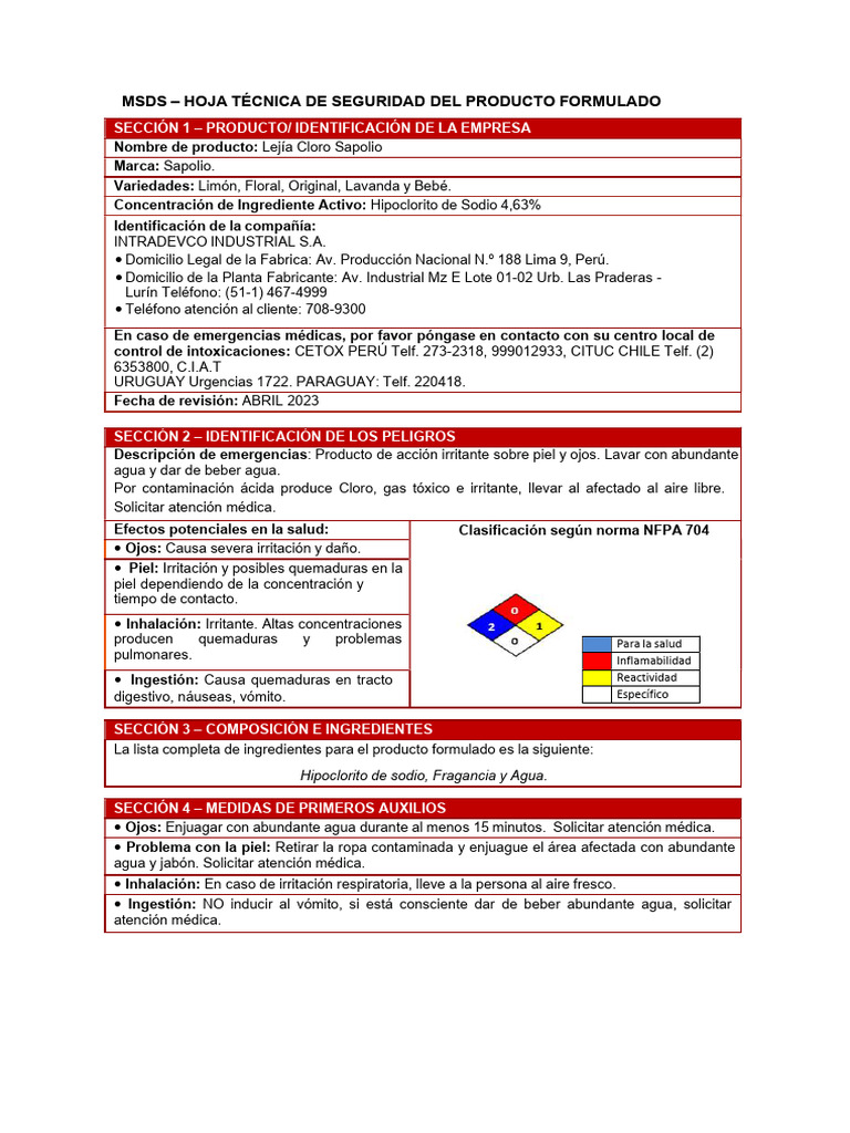 Hoja MSDS | PDF | Agua | Cloro