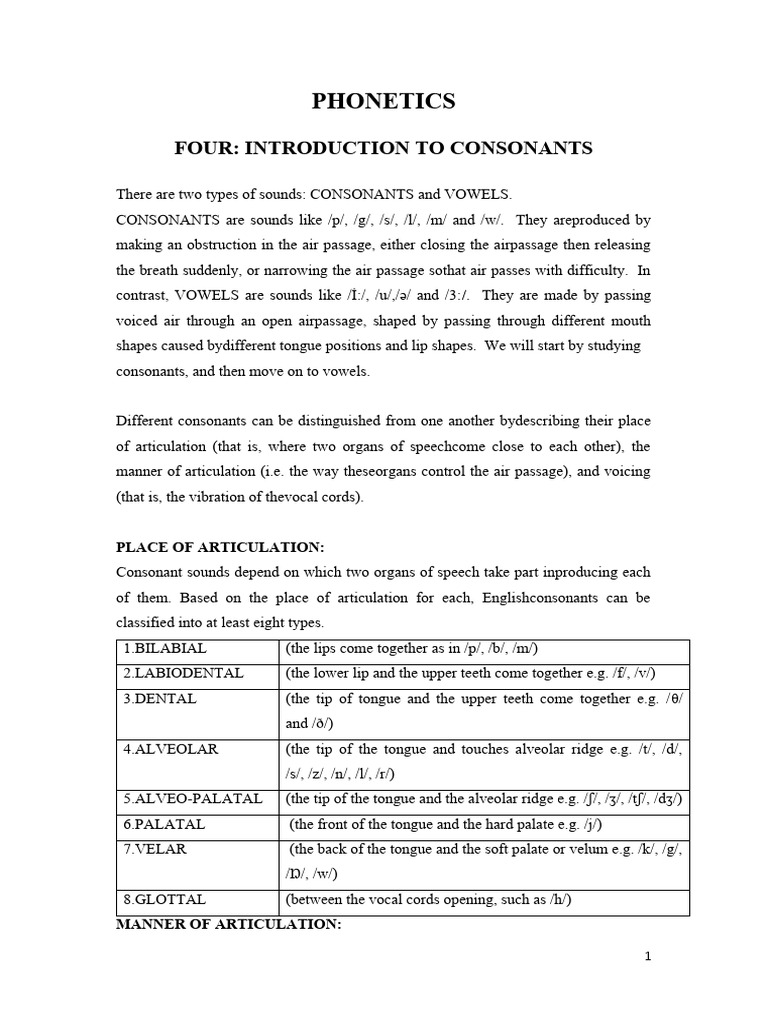 Phonetics: Four: Introduction To Consonants | PDF | Human Communication ...
