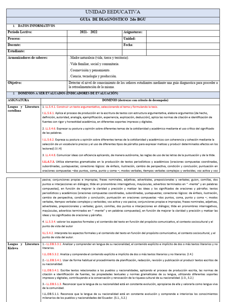 Guía de Diagnóstico Lengua L. y Kichwa | PDF | Adverbio | Oración (Lingüística)