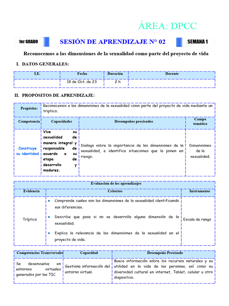 1° - Sesión - de - Aprendizaje 02-Sem.1-Exp.7-Dpcc | PDF